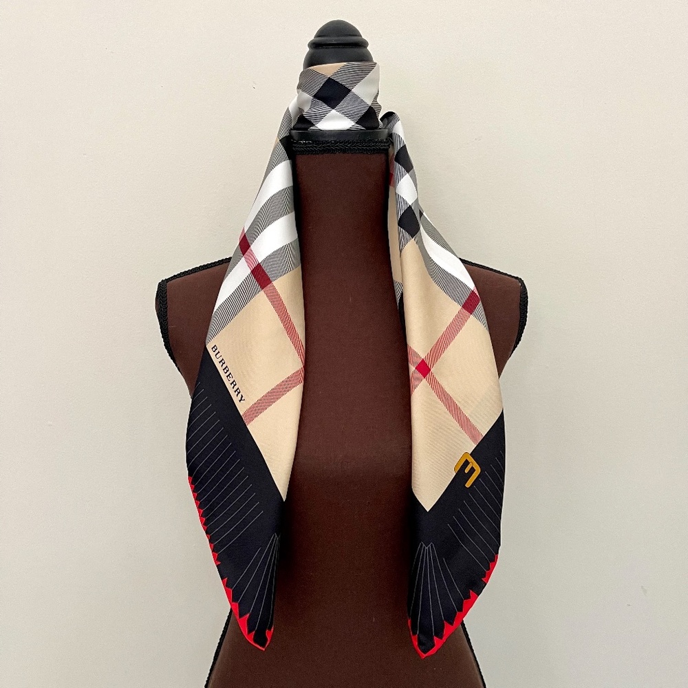 New Burberry Iconic Beige Check Black Red Border Silk… - Gem
